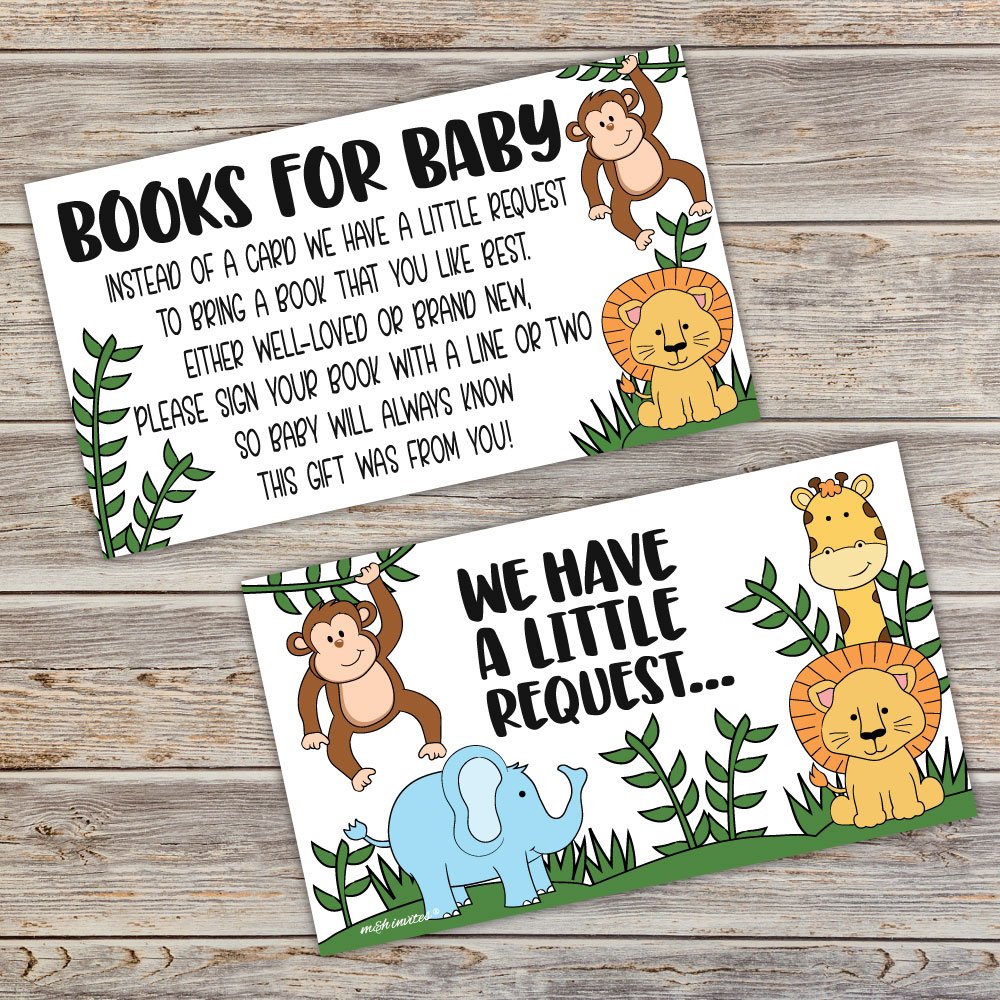 50 Safari Jungle Animals Books for Baby Shower Request Cards - Invitation Inserts - Gender Neutral