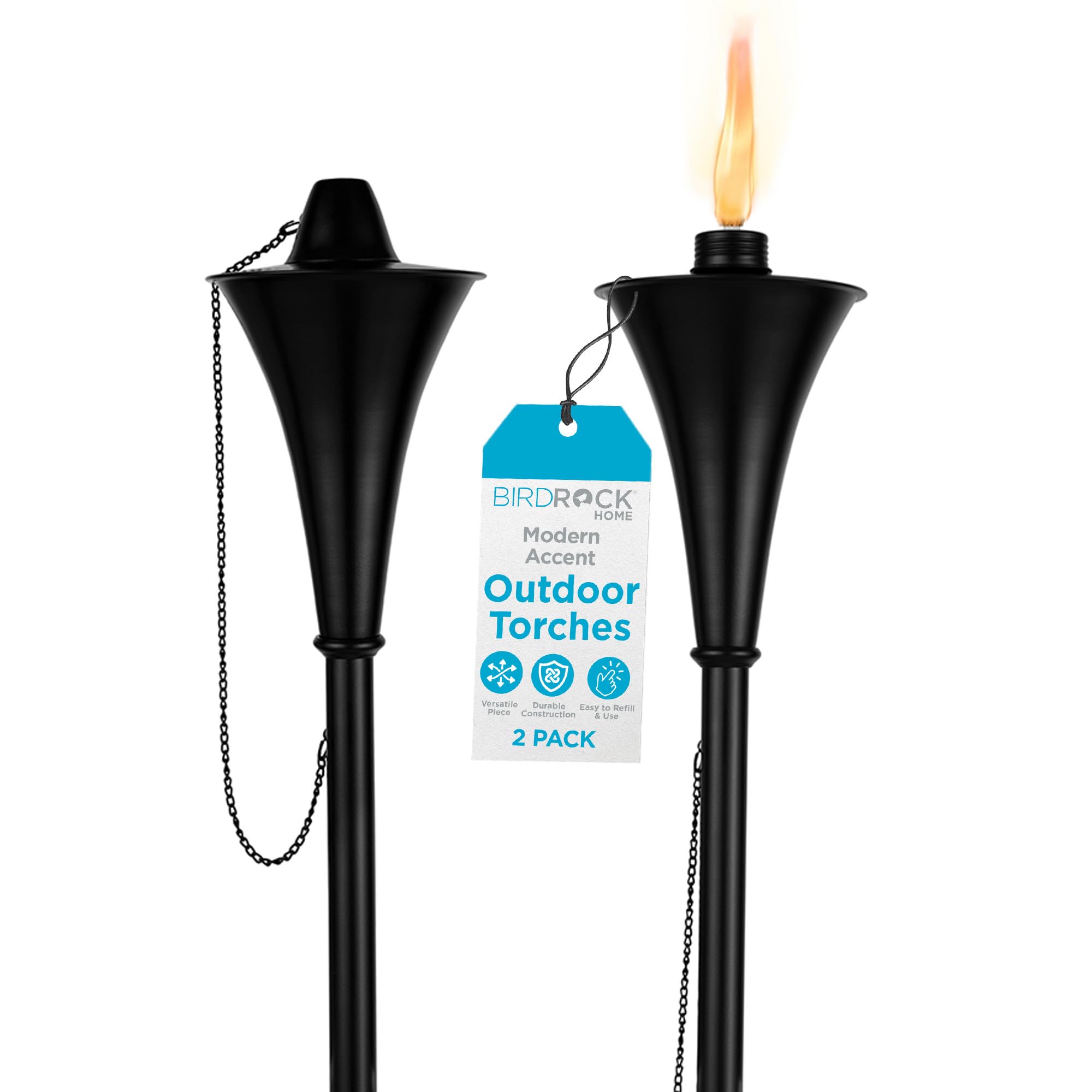 BIRDROCK HOME Outdoor Torches - Durable Construction, Modern Design, Weather Resistant, Citronella Oil Compatible, Ideal for Backyards, Patios, Pathways - Fiji Black, 2 Pack
