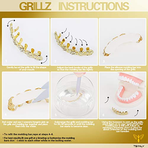 24K Gold Plated Grillz Bottom Vampire Fangs Grill Hip Hop Teeth Caps + Extra Molding Bars + Microfiber Cloth