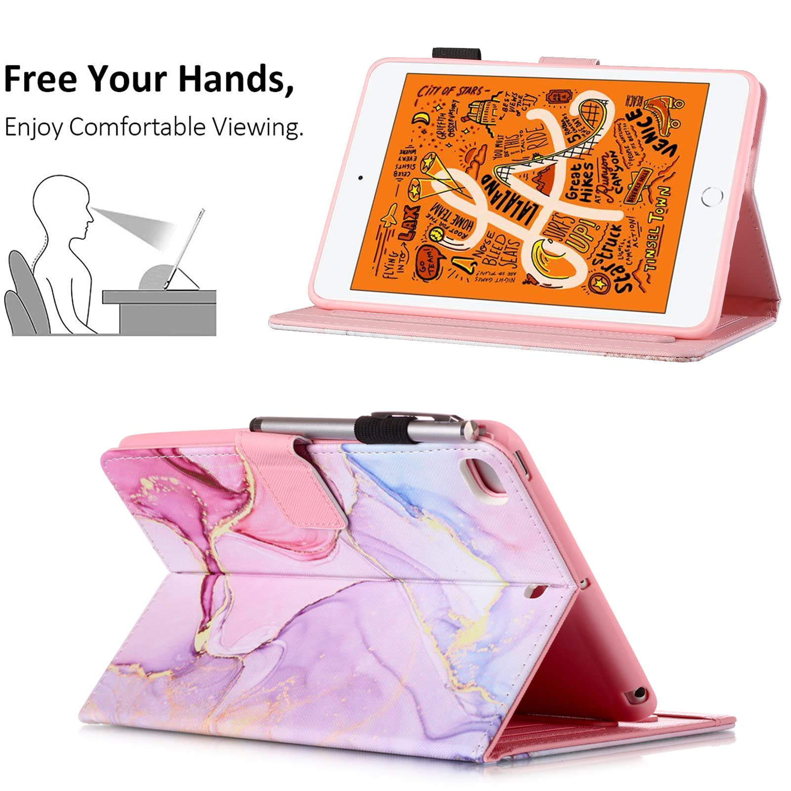 iPad Mini 5 Case Mini 4 Mini 3 2 Cover, FANCITY Smart Wake Sleep Flip Stand Case Soft PU Leather Protective Case with Card Slot Pen Holder for Apple iPad Mini 1 2 3 4 5 - Pink Marble