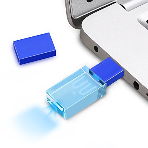 Crystal USB Flash Drive Waterpoof Flash Disk Thumb Drive high Speed led Light Special USB Memory Stick 32G UU (Blue+Green 2 Pack)