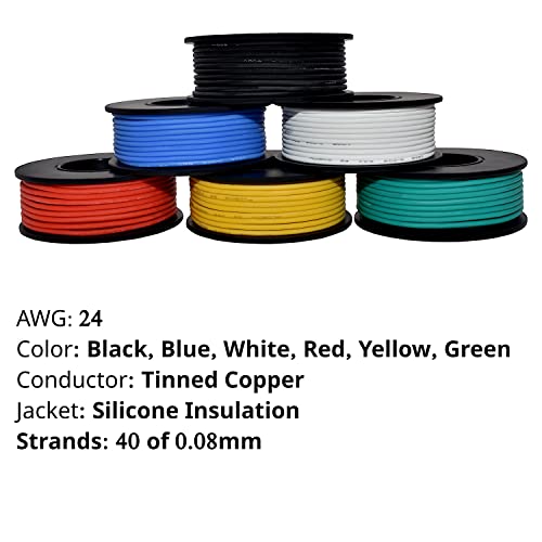 24 AWG Stranded Wire Kit β Silicone Coated Copper Wires 24 Gauge Pre-Tinned 30ft/9m Each Spool, 6 Colors (Black, Red, Yellow, Green, Blue, White), Electrical Jumper Wire Hook Up Wire Kit from Plusivo