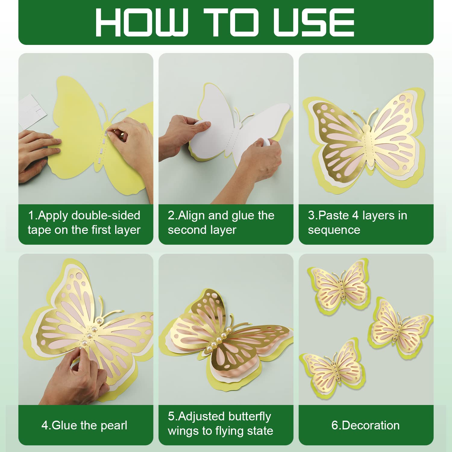 4 PCS 3D Large Butterfly Wall Decor, 12" 4 Layer 3D Butterfly Stickers Set with Artificial Pearls for Birthday Background Girls Bedroom Wedding Party Decorations (Golden)