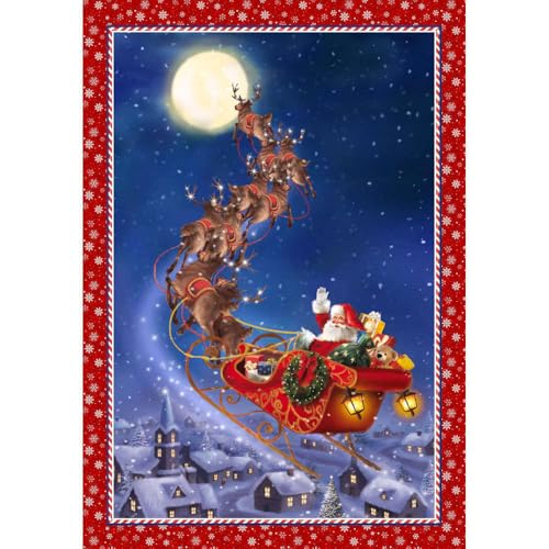 Whimsical, Santa and Sleigh, 30-inch Fabric Panel, Twas The Night Before Christmas, Holiday Fabric, Northcott, Digital Print, DP27020-48, Blue