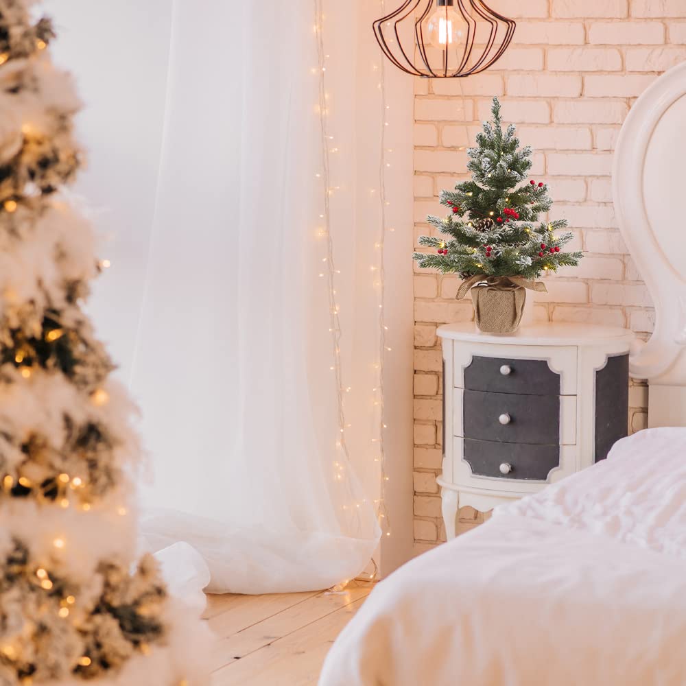 24 Inch 2 FT Pre-lit Snowy Mini Christmas Tree, DECSPAS Small Tabletop Flocked Christmas Tree with 20 LED Lights Red Berries Pine Cones and Cloth Bag Base Xmas Decorations for Holiday Party Home
