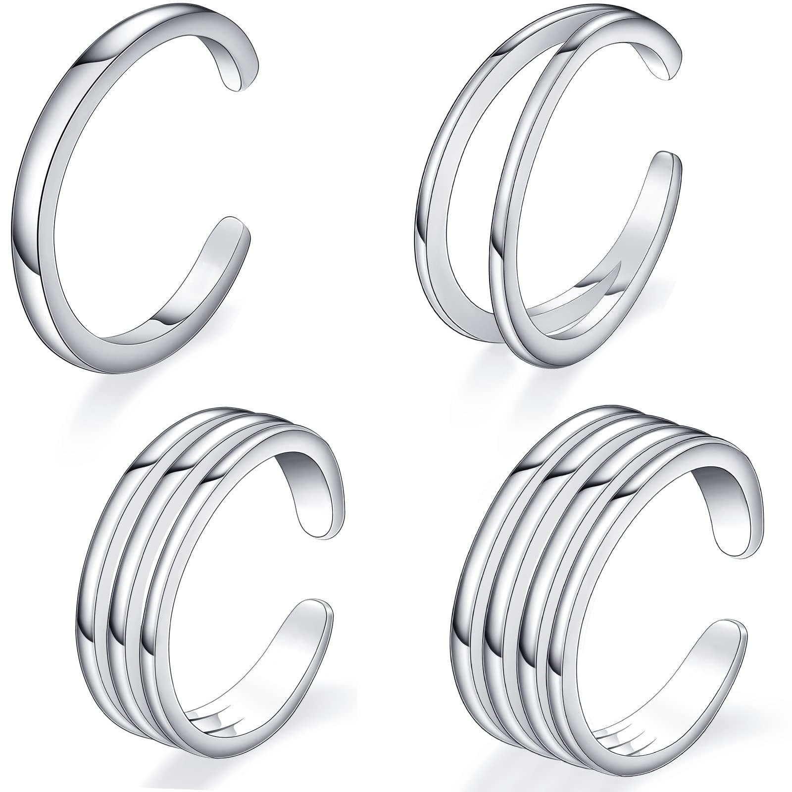 4 Pcs 925 Sterling Silver Toe Rings Set Simple Open Adjustable 925 Sterling Silver Toe Rings with 1 Jewelry Gift Box for Women Girls Gift