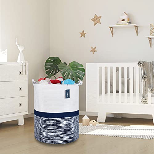 COMSE Extra Large Blanket Basket, Tall Storage Basket, 15.7βx 21.7β, Tall Rope Laundry Basket, Cotton Rope Basket, XXXL Laundry Basket, Toy Basket, Woven Basket, Clothes Baskets, Blend White/Navy Blue