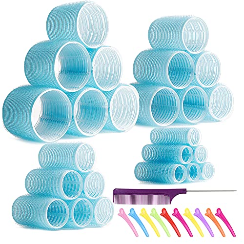 Self Grip Hair Rollers Set, Jumbo Size Hair Curlers, Salon Hair Dressing Curlers, Self Holding Rollers for DIY or Hair Salon Curlers for Hair Styling, 4 Sizes 24 Pack (Blue)