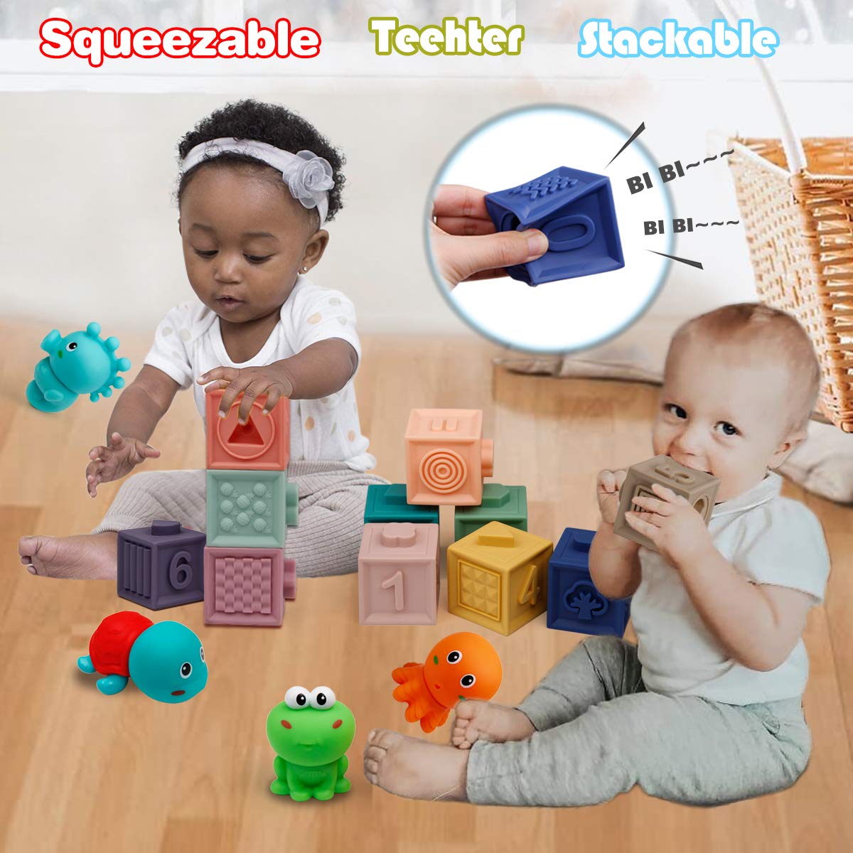 15PCS Baby Blocks Soft Building Blocks Baby Stacking Blocks Teething Toys 3 Water Bath Animals Teether Toy Educational Squeeze Play with Numbers Animals Fruit Shapes Textures Infant Toddlers 6 Months