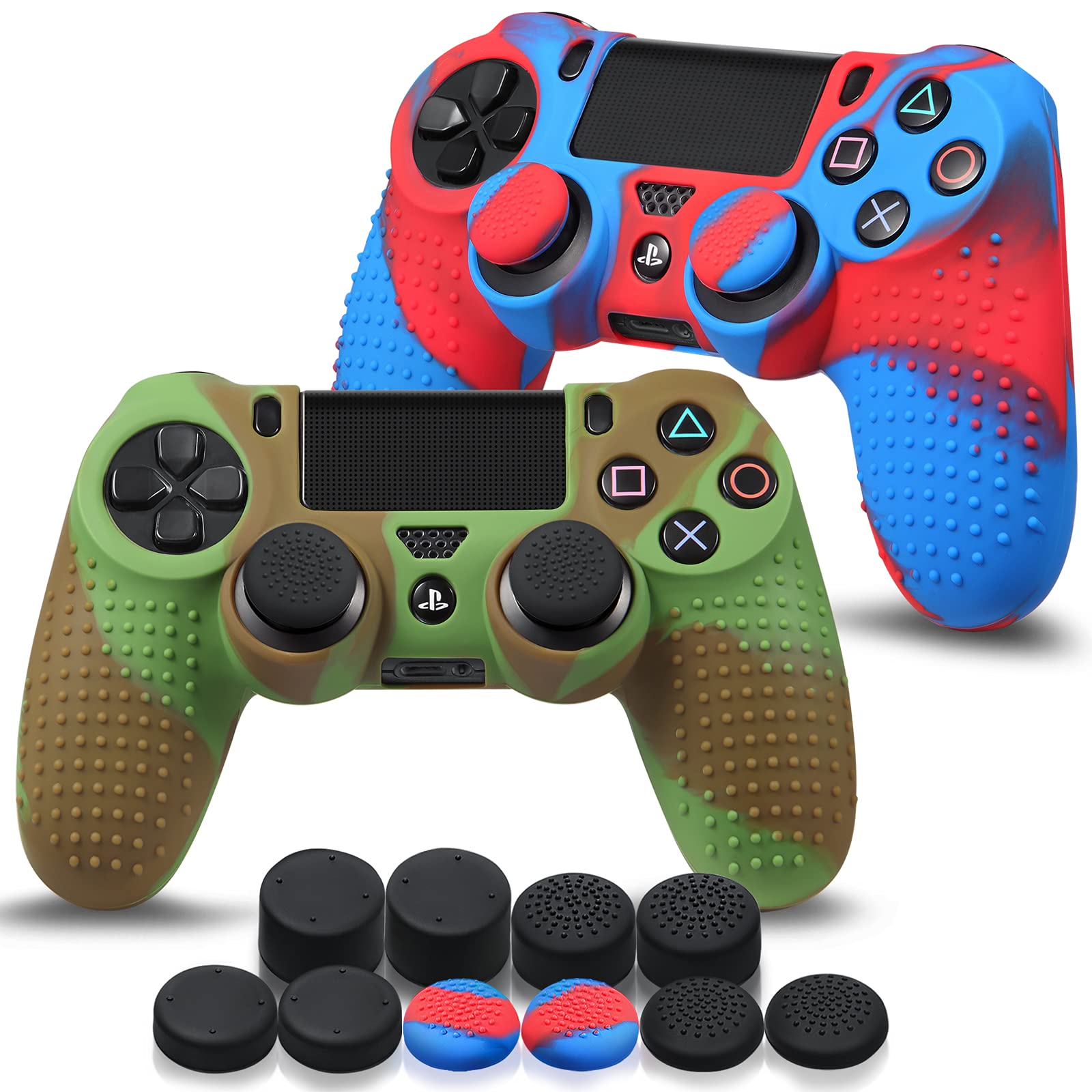 2 Pack Studded Anti-Slip Silicone Cover Skin for Sony PS4 DualSense Controller, Soft Rubber Case for Playstation 4 Wireless Controller with 10 x Pro Thumb Grip Caps (Camo Green Brown,Camo Red Blue)