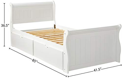 Donco Kids 325-TW_505-W Sleigh Bed with Dual Underbed Drawers, Twin, White