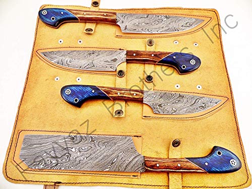 Custom Hand Made Damascus Steel Kitchen Knives Set/Chef Knives Set/BBQ Knife 4-Pieces Set FBK-01041, 01043, 01052, 01055, 01058, 01062 and 01063 (Cognac and Blue Colored Wood)
