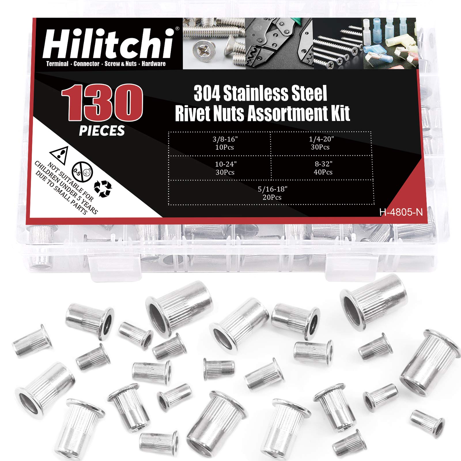 Hilitchi 5 Sizes Stainless Steel Rivet Nuts Threaded Insert Rivnuts 8-32, 10-24, 1/4-20, 5/16-18, 3/8-16 for Automotive Furniture Decoration Electrical and Industrial Products (85Pcs, SAE)