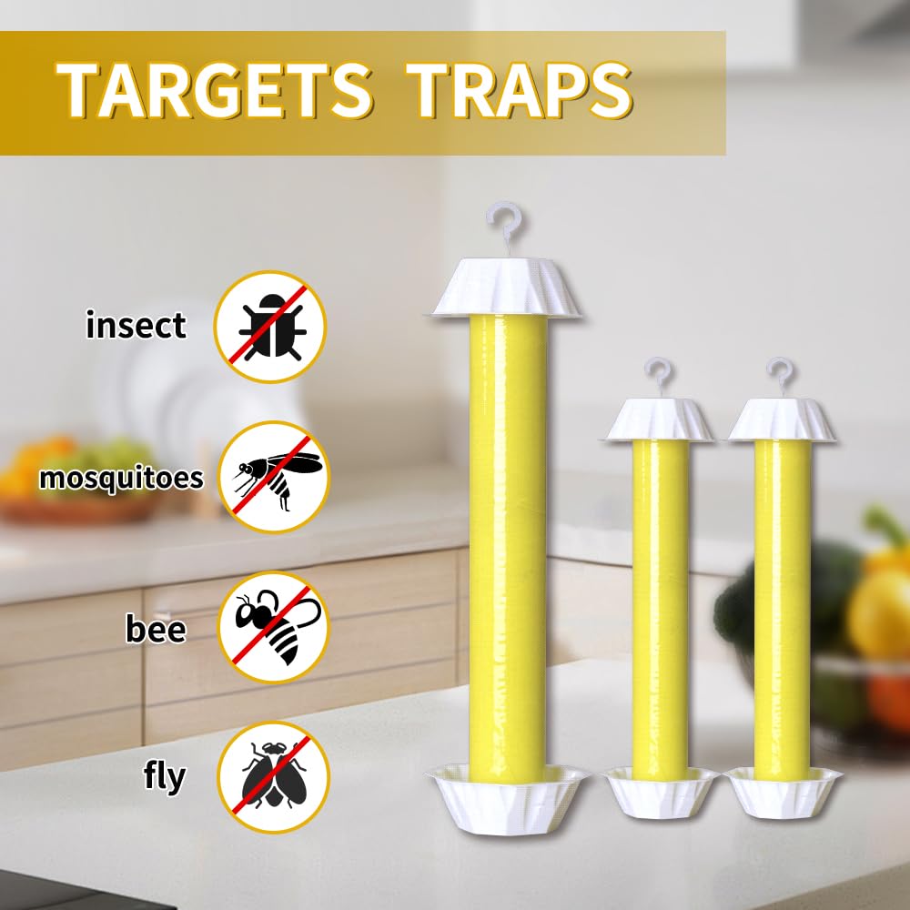 3-Pack Fly Trap Sticks for Indoor, Kitchen, Porch, Garbage Can, High-End Adhesive Fly Catcher Stick for Fly, Fruit Fly, and Flying Insect, Hanging Hook Included, Non-Toxic, Easy to Use and Disposable
