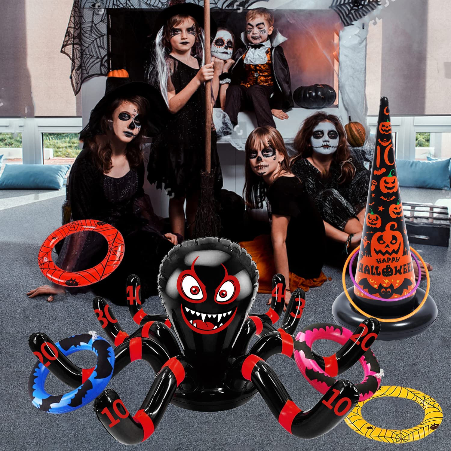 15Pcs Halloween Games Inflatable Spider Ring Toss Game with 12 Rings and Pump Halloween Ring Toss Game Set Gift for Kids Adults