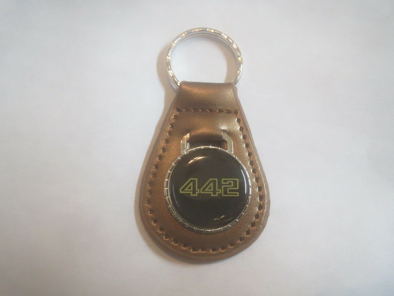 1970's 1986 1987 OLDS 442 4-4-2 GOLD/BLACK LOGO LEATHER KEYCHAIN - COPPER