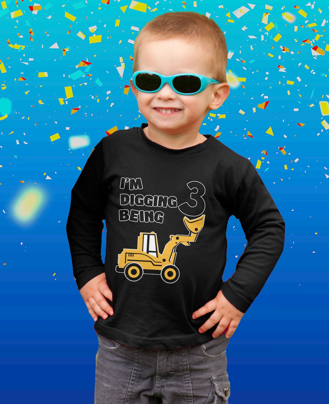 Bulldozer 3rd Birthday Shirt Boy I'm Digging Being 3 Long Sleeve Kids T-Shirt 3T Black