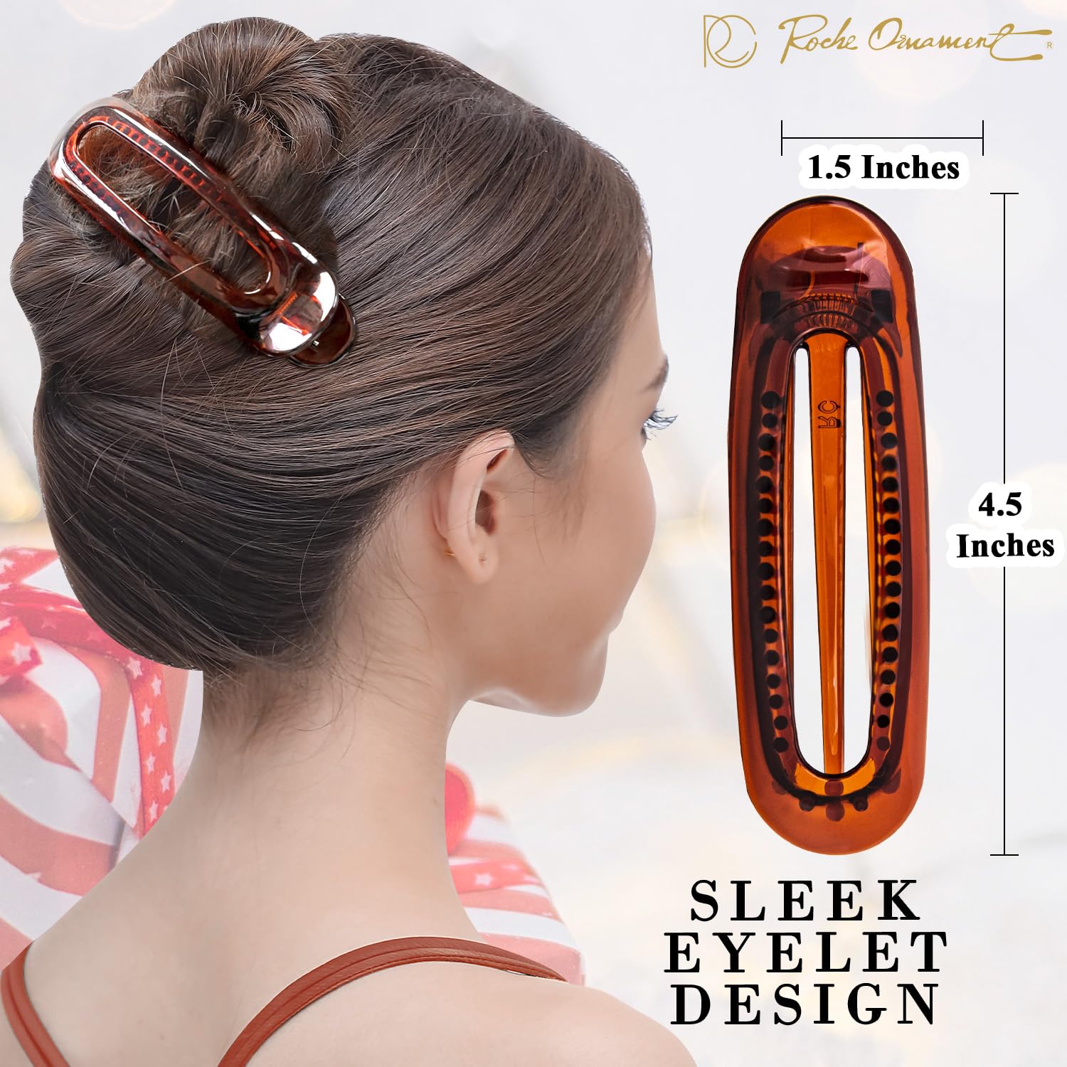 RC ROCHE ORNAMENT 6 Pcs Womens French Barrette Classic Duckbill Alligator Eyelet Oval Hair Decor Clips Side Slide Firm Grip Beauty Accessory Plastic Styling Pin Clamps, Medium Clear Brown and Black