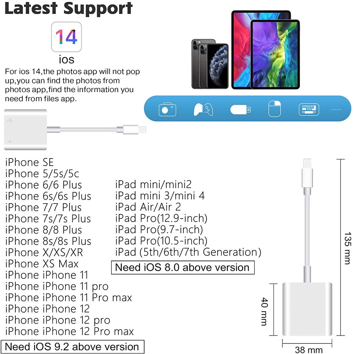 sharllen Lightning USB Camera Adapter,Apple Certified USB Female OTG Reader Connector Charging Port Phone Charger Cable Cord Compatible iPhone/iPad/iPod,USB Drive,MIDI Keyboard,Mouse iOS9.2-14+