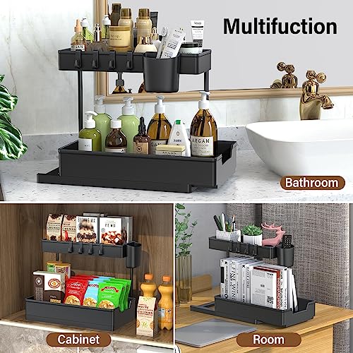 2 Pack Under Sink Organizers and Storage L-Shape 2 Tier Pull Out Sliding Drawer Narrow Space Storage Multipurpose Sliding Kitchen Cabinet Bathroom Organization Under Sink Cleaning Supply Organizer