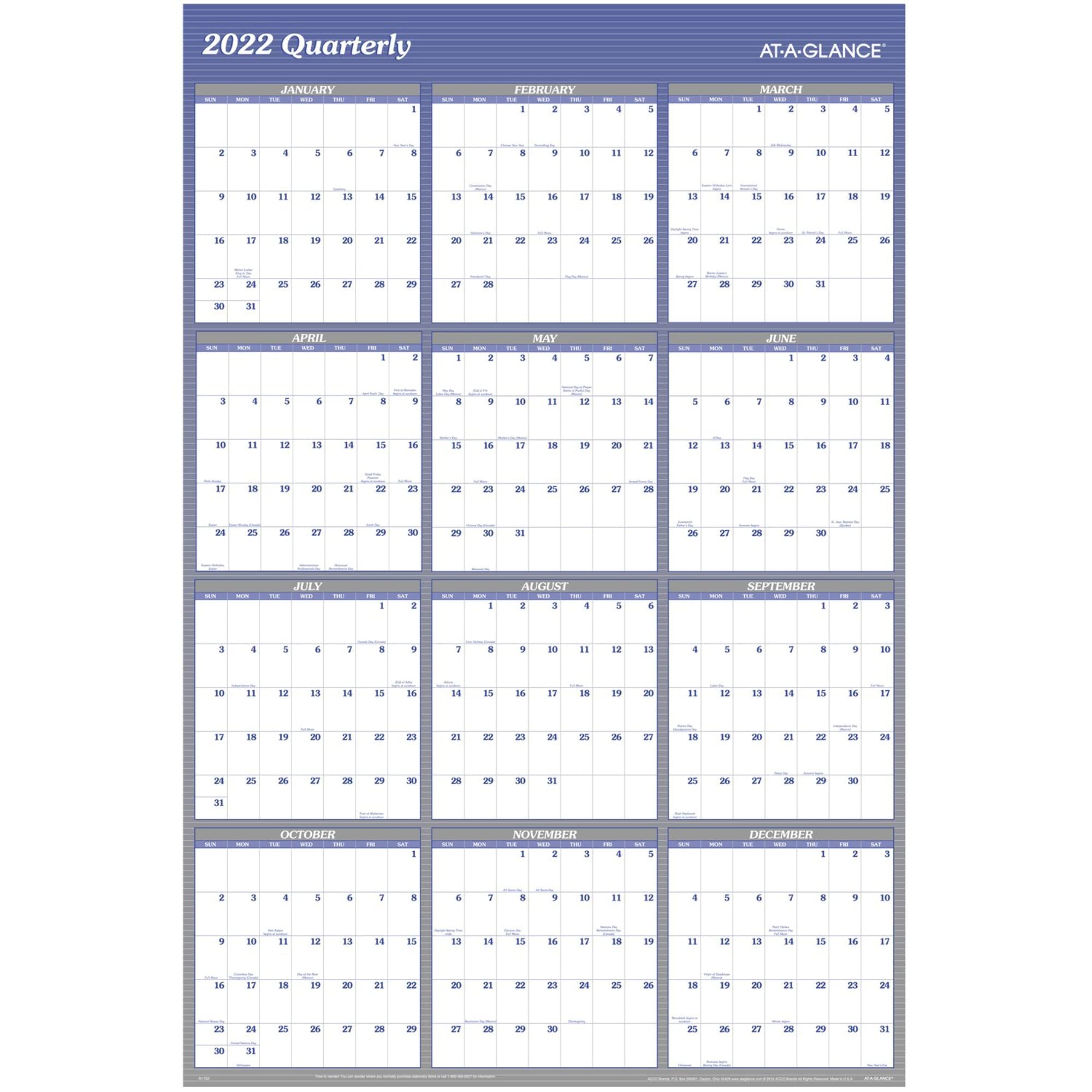 2022 Erasable Calendar, Dry Erase Wall Planner by AT-A-GLANCE, 48" x 32", Jumbo, Vertical/Horizontal, Reversible, Blue (A1152)