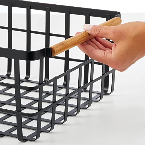 mDesign Metal Wire Storage Organizer Basket with Bamboo Wood Handles for Kitchen Pantry, Rustic Farmhouse Bin to Store Fruit, Coffee, Spices, Supplies, Yami Collection, 2 Pack, Matte Black/Natural/Tan