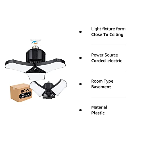 2-Pack LED Garage Lights, 80W LED Shop Light 5000K 8000LM Three-Leaf Garage Ceiling Light Fixtures,Adjustable Multi-Position Panels，E26 Base,LED Glow Light for Garage, Workshop Attic and Basement
