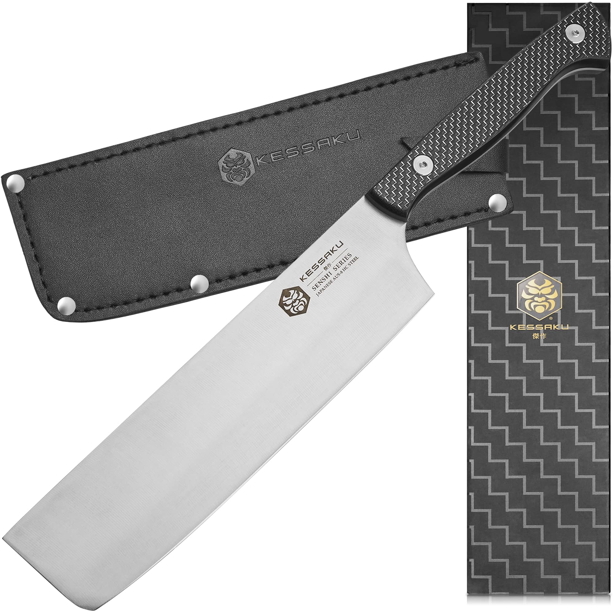 KESSAKU 8-Inch Nakiri Vegetable Cleaver Knife - Senshi Series - Forged Japanese AUS-8 High Carbon Stainless Steel - Carbon Fiber G10 Handle with Sheath