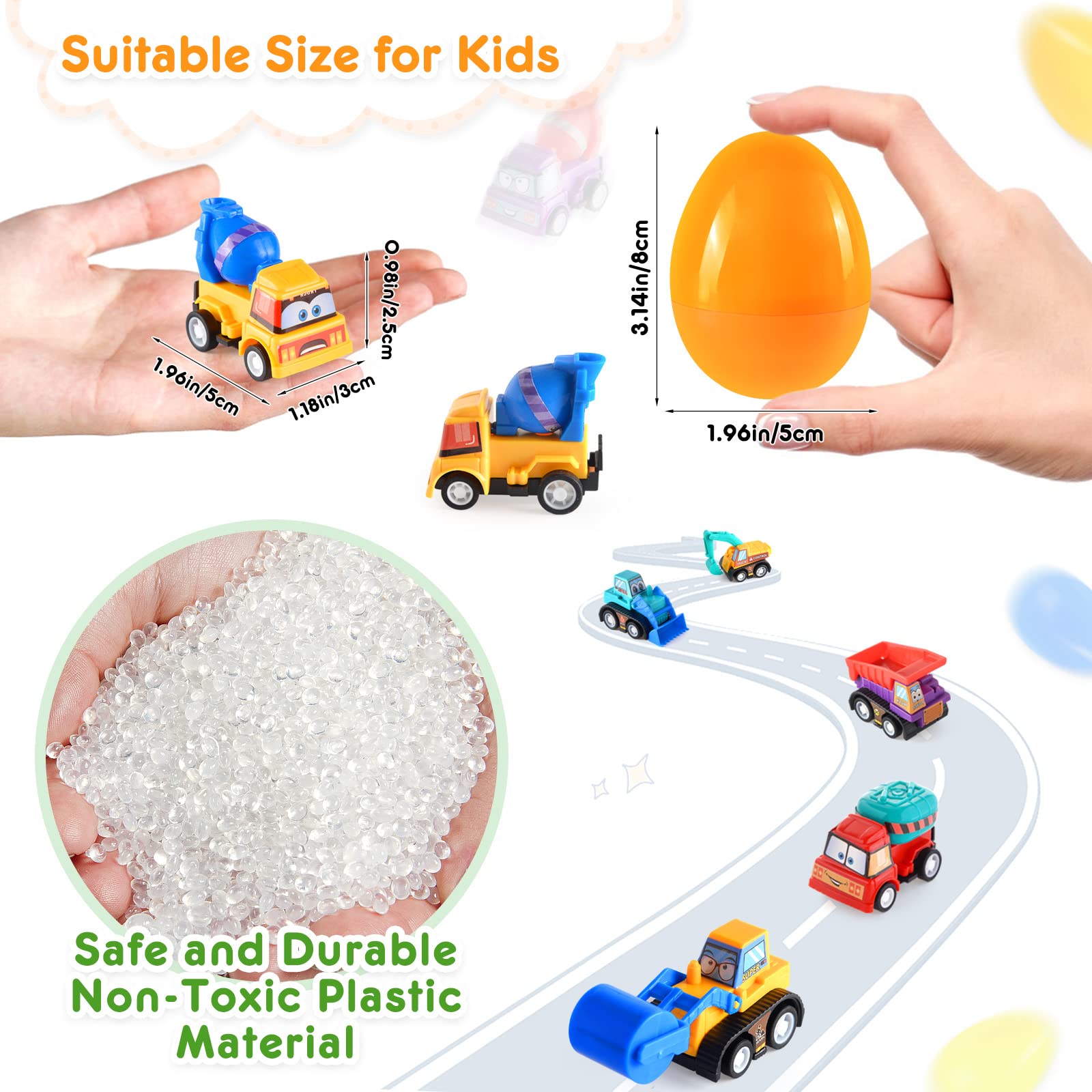 24 Pack Plastic Easter Eggs and Cars for Easter Egg Hunt, Play Pull Back Construction Car Toys, Easter Basket Stuffers, Classroom Prize Supplies, Easter Party Favors for Kids Boys Girls Toddlers
