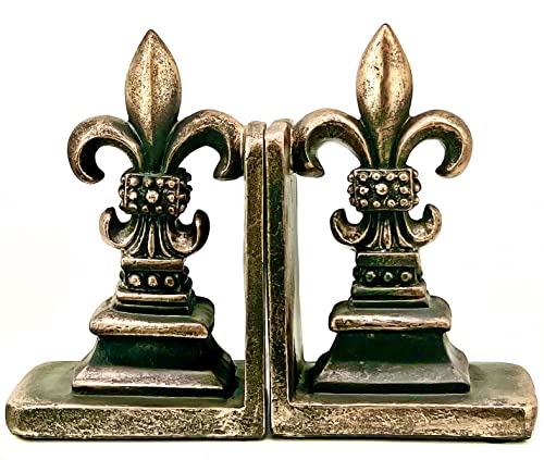 Bellaa 25600 Decorative Bookends Fleur de Lis Unique Vintage Antiques Heavy Library Book Holder Bookshelf Support Home Decor 9 inch