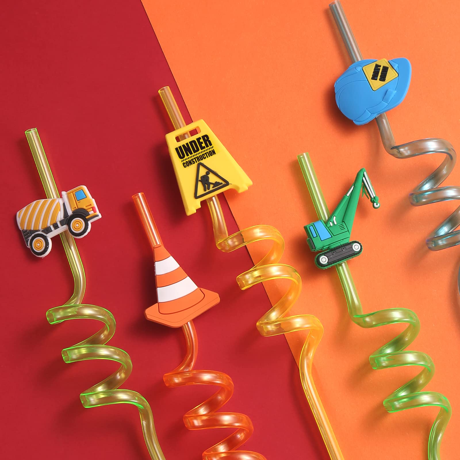 24 PCS Construction Drinking Straws Reusable Excavator Bulldozer Blender Truck Plastic Beverages Cocktail Straw with Cartoon Decoration for Kids Construction Party Supplies Favors, 8 Styles