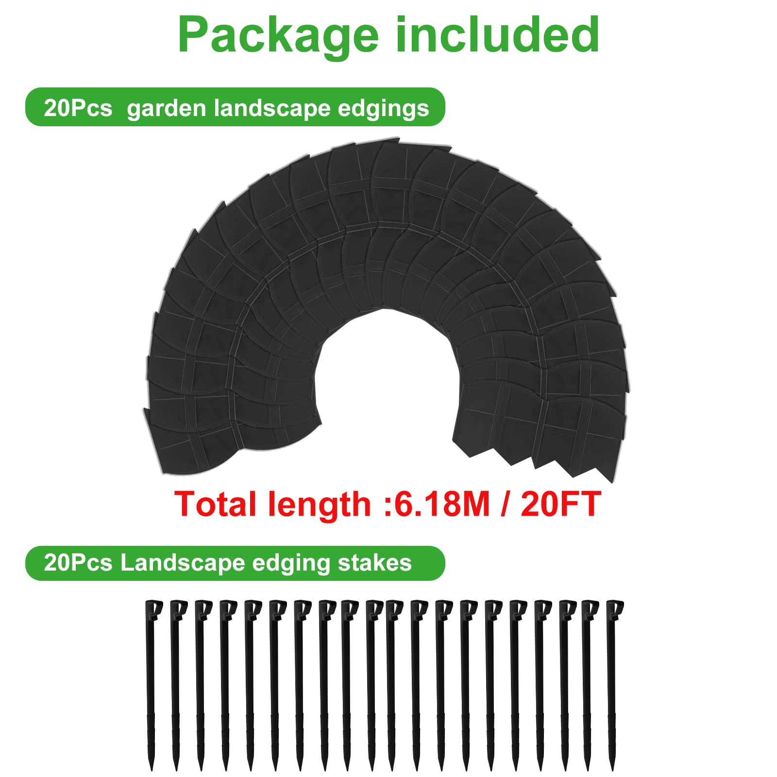 20PCS Garden Edging Border No Dig Landscape Edging Lawn Garden Fence Edgings Decorative Landscape Border 20Ft Landscaping Edging with 20 Stakes for Lawn Garden Flower Bed,The Yard,Lawn Edging（Black