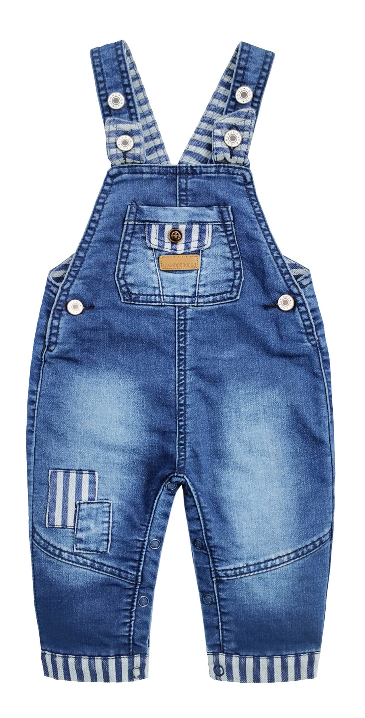 KIDSCOOL SPACE Baby Boys Easy Diaper Changing Snap Legs Bib Pocket Patched Denim Overalls,Blue,18-24 Months