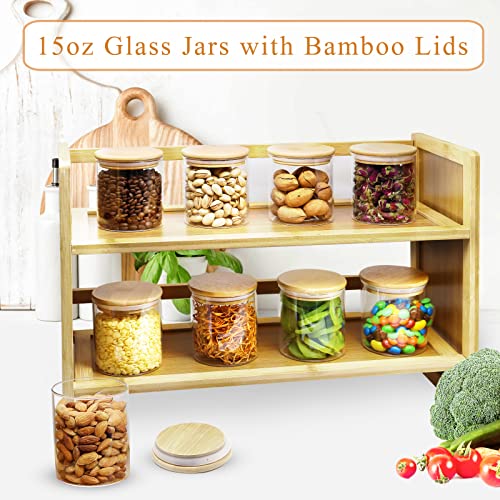 Hoanra 15oz Glass Jars with Airtight Bamboo Lids, Small Food Storage Containers, for Kitchen Pantry Organization Tea Coffee Candy Cookies Nuts(9 Pack)