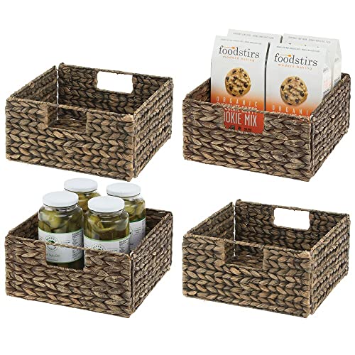 mDesign Woven Hyacinth Storage Bin Basket Organizer with Handles for Organizing Kitchen Pantry, Cabinet, Cupboard, Shelves - Holds Food, Drinks, Snacks - 4 Pack - Brown Wash