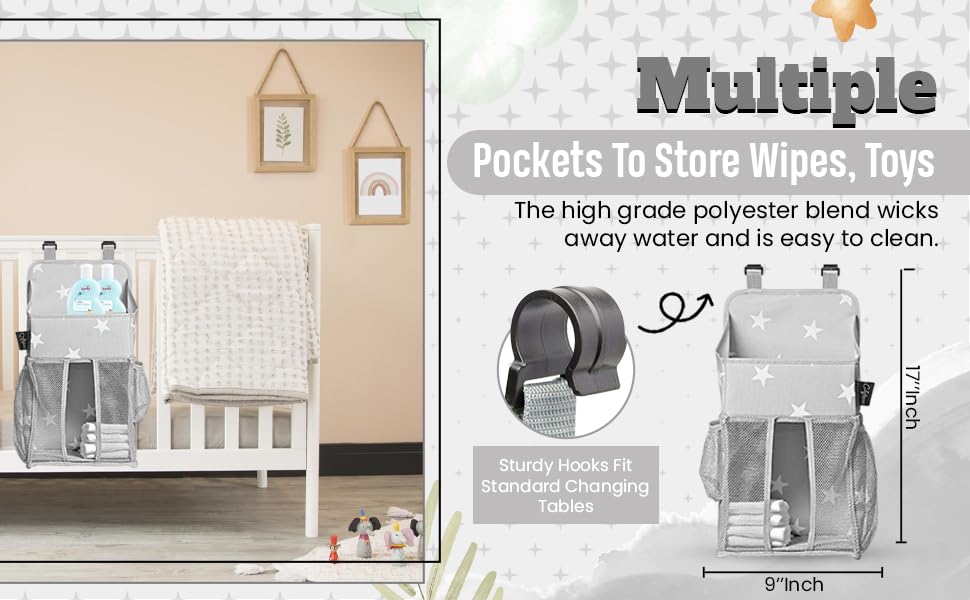 Star Pattern Diaper Caddy and Nursery Organizer for Newborn Baby Essentials, Hang on Crib, Baby Bed. Changing Table or wall. Multiple Pockets to Store Wipes, Creams, Lotions, Toys and more.