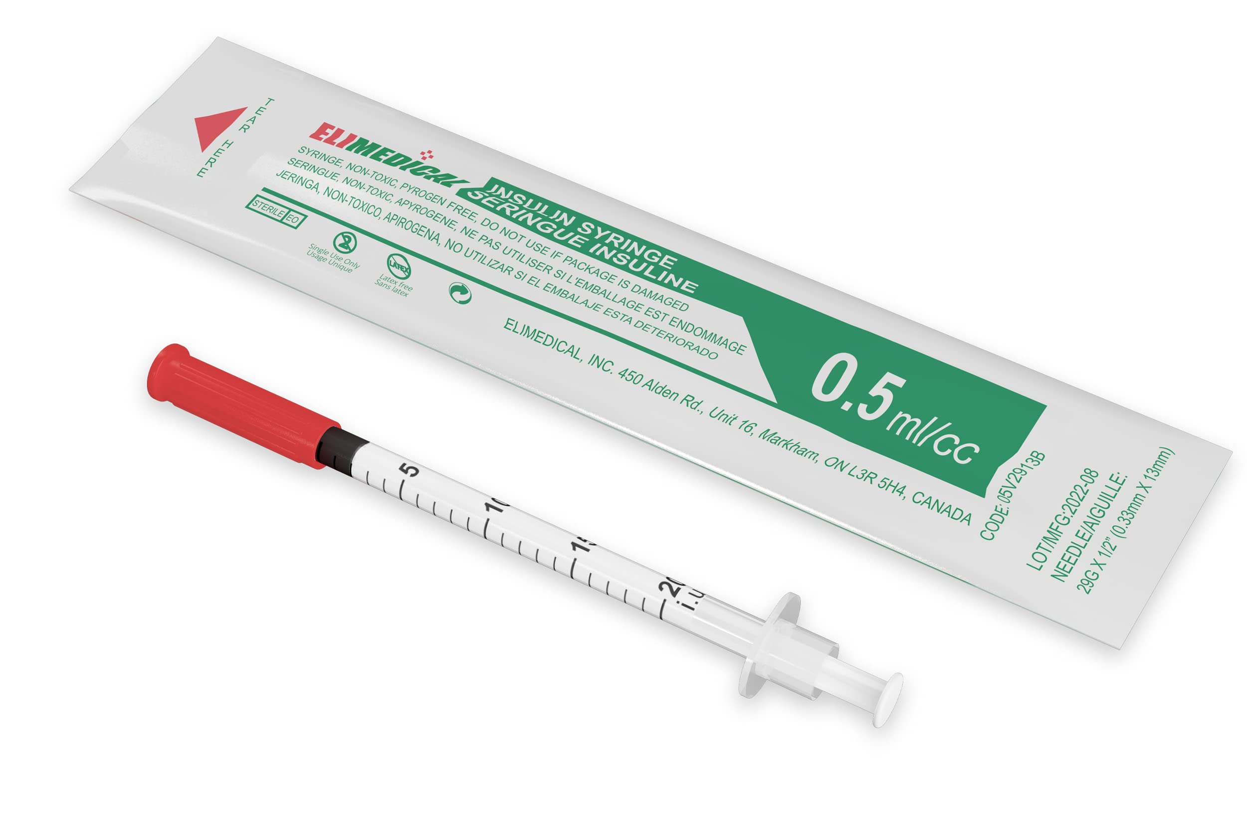 Elimedical Veterinary Insulin Syringe, U-40 (40IU), 0.5cc (ml), 29g x ½ inch (12.7mm), Half Unit Marking, Individually Packed, for Pet Cat or Dog, 100 per box, 05V2913B