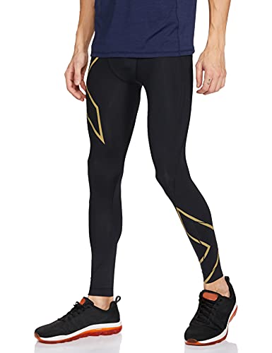 2XU Men's Light Speed Compression Tights - Lightweight & Flexible Support for Improved Running Performance - Black/Gold Reflective - Size Medium