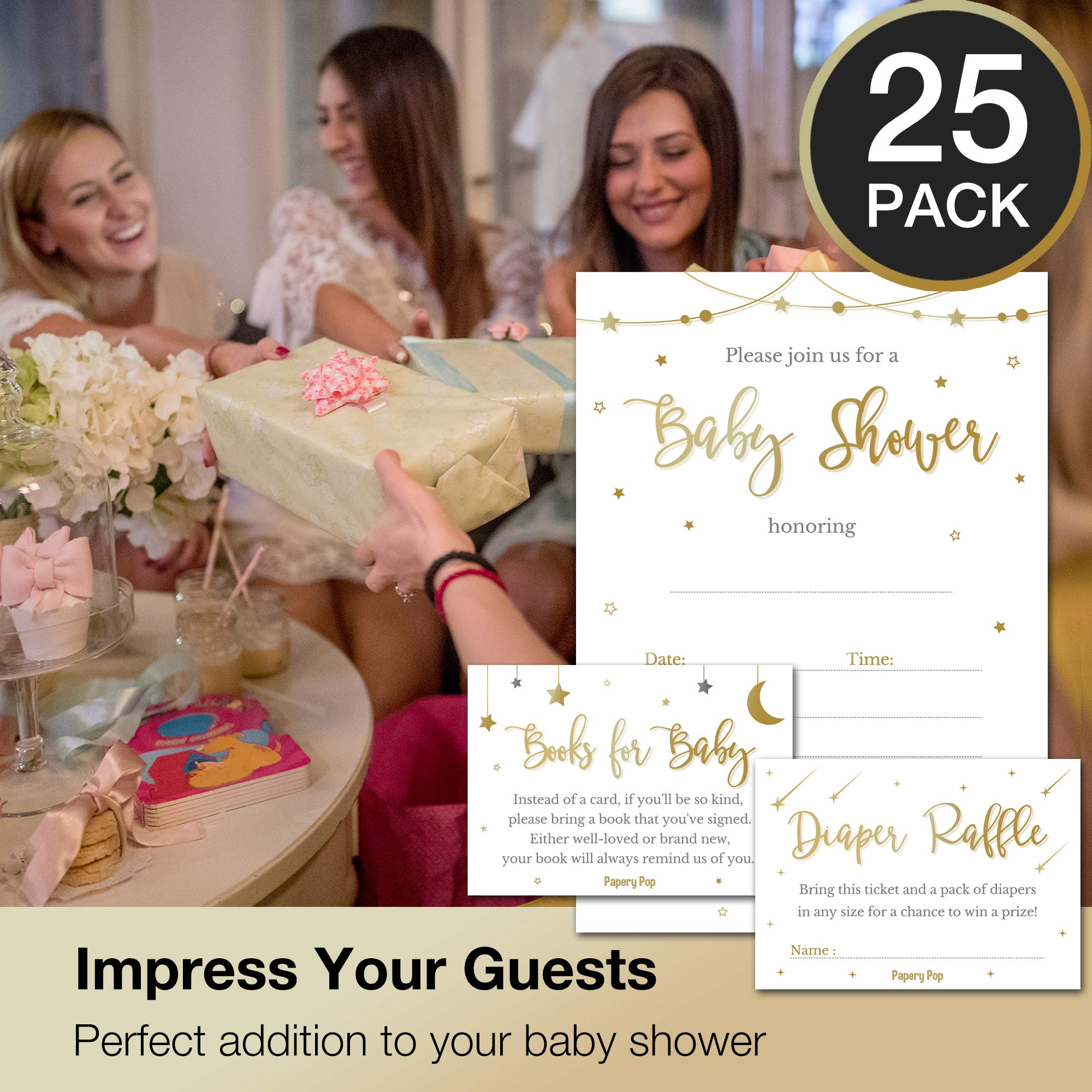 Set of 25 Baby Shower Invitations with Envelopes, Diaper Raffle Tickets and Baby Shower Book Request Cards - Night Stars