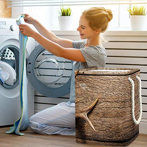 Laundry Basket Deer Antlers Rustic Wooden Foldable Laundry Hamper with Handles Detachable Brackets Well-Holding Waterproof for Clothes Toys Organization in Laundry Room Bedroom Bathroom