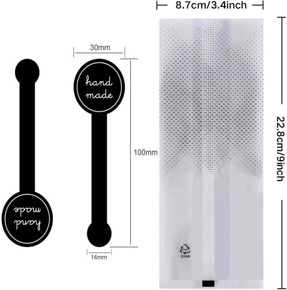 200pcs Translucent Plastic Bags, BetterJonny Cellophane Bags with 200Pcs Hand Made Stickers for Cookie, Cake, Chocolate, Candy, Bakery Party Supplies