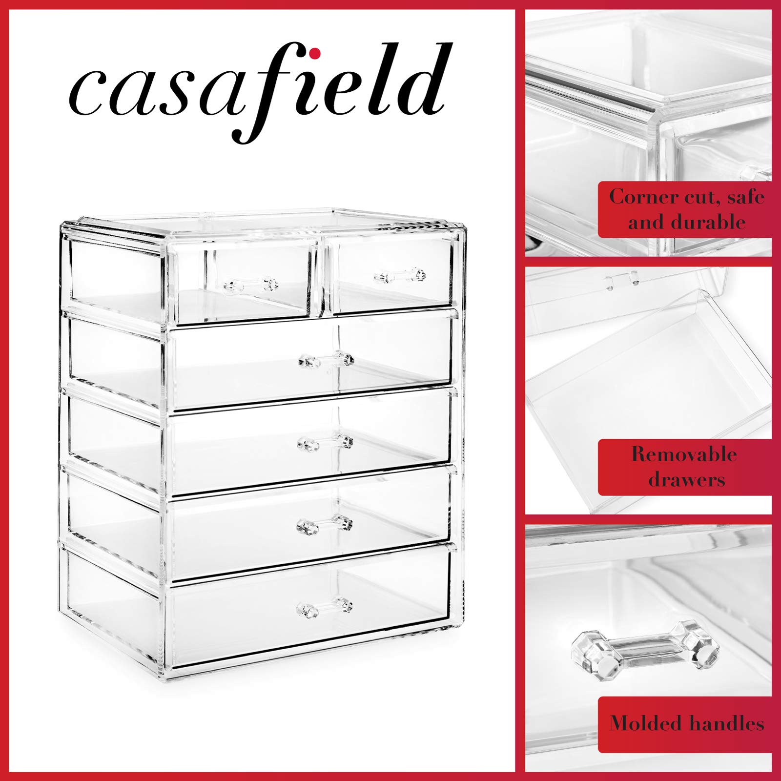 Casafield Acrylic Cosmetic Makeup Organizer & Jewelry Storage Display Case - 4 Large, 2 Small Drawer Set - Clear