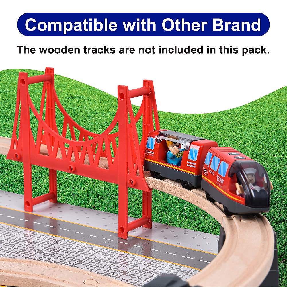 Battery Operated Train Set for Wooden Train Track (w/Sound & Magnetic Connection), Powerful Engine Red Action Locomotive Train Set Compatible with Thomas, Brio, Chuggington - Train Toys for Toddlers