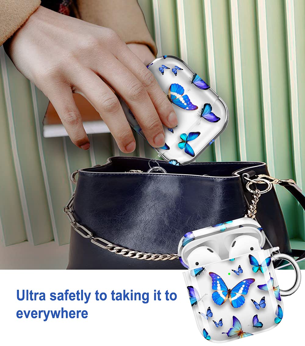 Maxjoy for AirPods Case Cover, Clear AirPod Case for Women Girly Cute Soft Protective Transparent iPod Case with Keychain Clip for AirPods 2nd 1st Generation Charging Case 2&1, Blue Butterfly