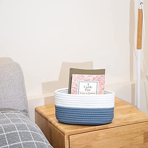 Hombins 3 Set Cotton Rope Storage Baskets with Handles | Round Baskets Set for Organization, Toy Basket, Small Soft Baby Nursery Baskets, Cat Dog Toy Basket, Gift, White&Blue