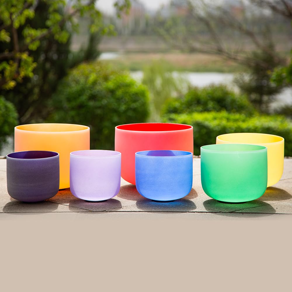 7"-12" 432Hz Chakra Tuned Set of 7 Colored Frosted Quartz Crystal Singing Bowl