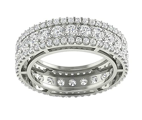 3 1/2 CT Round Shape White Cubic Zirconia Stones Three Row Wedding Engagement Anniversary Womens Band Ring in 14K White Gold Plated 925 Sterling Silver (3.50 Cttw) Ring Size - 9.5