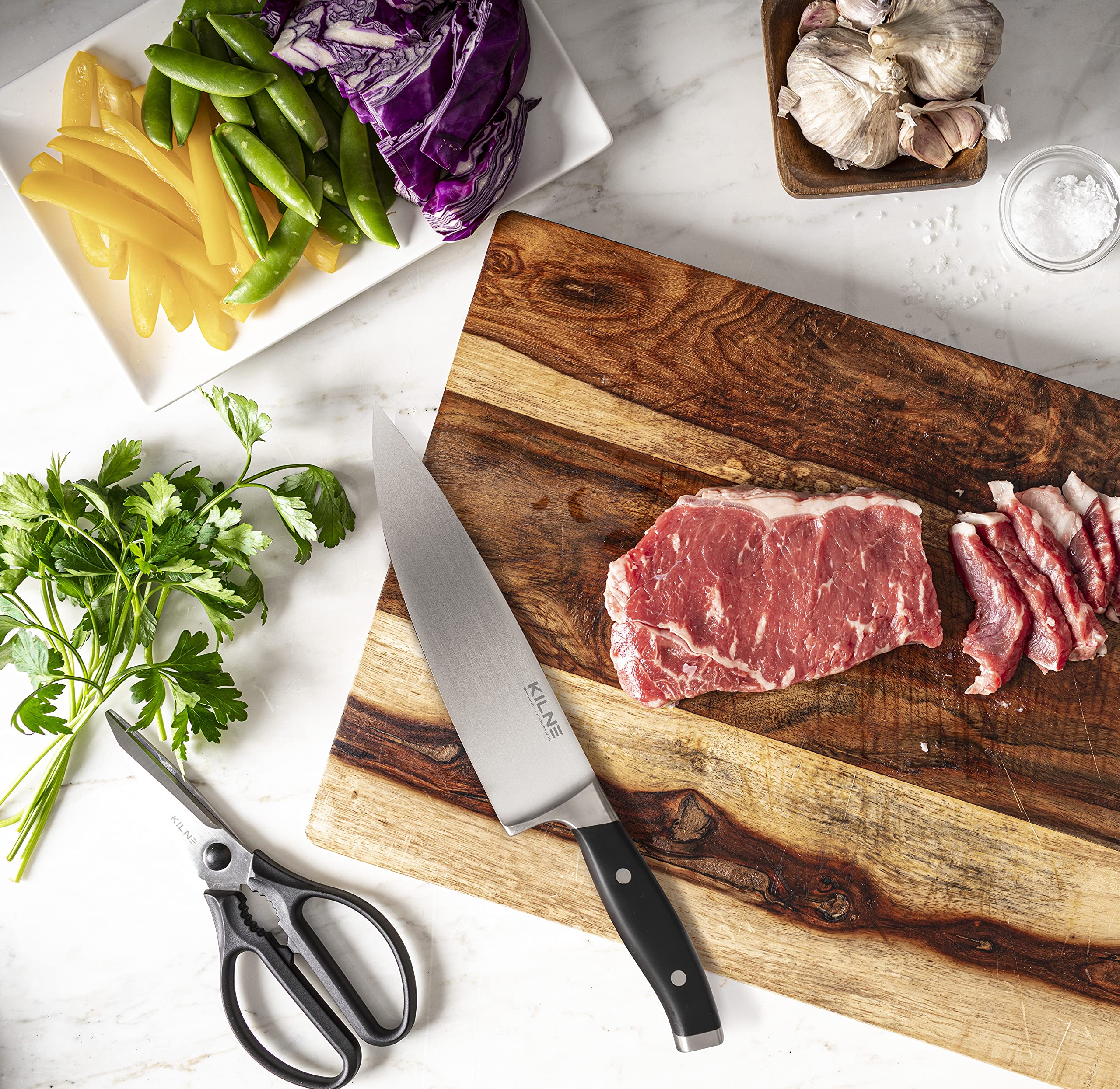 Kilne Knife Set, 6-Piece Kitchen Knife Set With Wood Block, High Grade German Steel with Acacia Wood Block, Black