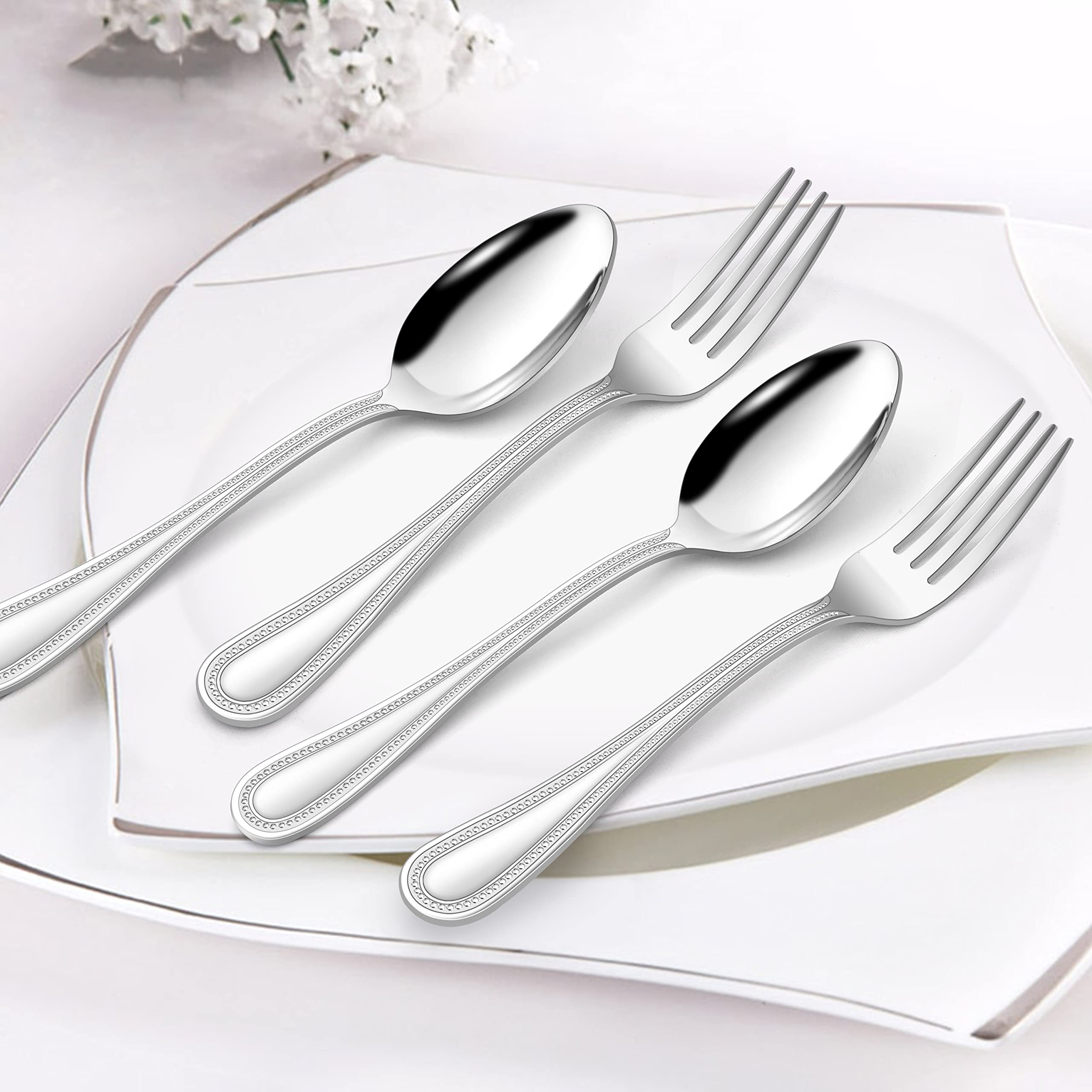 24PCS Forks and Spoons Silverware set, HaWare Stainless Steel Flatware with Pearled Edge for Home/Kitchen, Include 12 Dinner Forks(7.9 Inches) and 12 Dinner Spoons(7.9 Inches), Dishwasher Safe