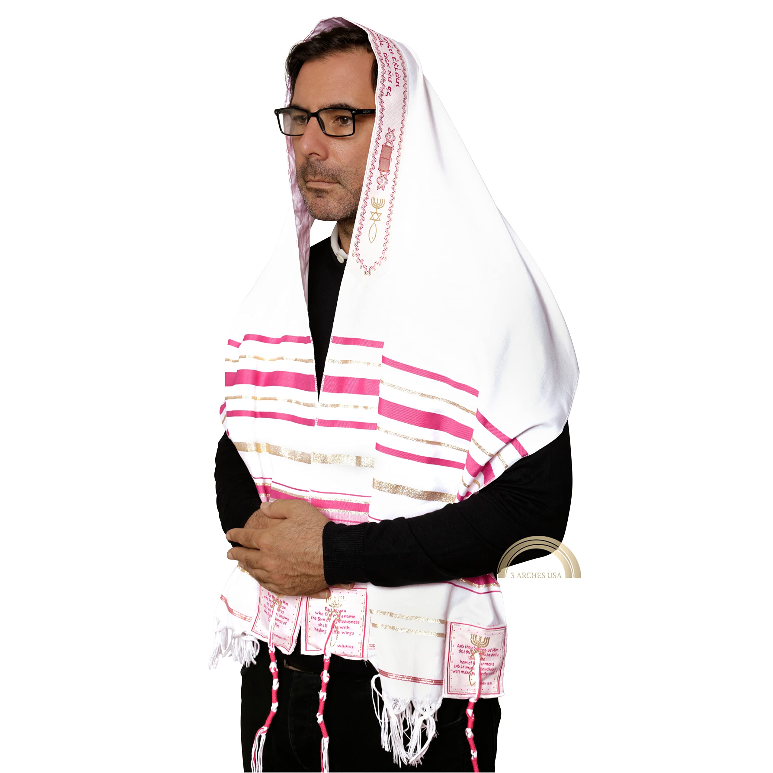 3 ARCHES USA, New Covenant Prayer Shawl Christian, Pink Messianic Tallit 72βX22β With Bag, Israel Design.